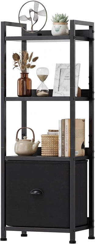 Bigleap 4-Tier Narrow Bookshelf with Fabric Drawer, Tall Slim Bookcase ...