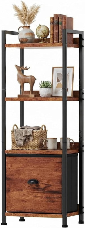 Bigleap 4-Tier Narrow Bookshelf with Fabric Drawer, Tall Slim Bookcase ...