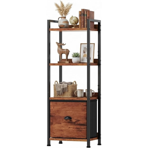 Bigleap 4-Tier Narrow Bookshelf with Fabric Drawer, Tall Slim Bookcase ...