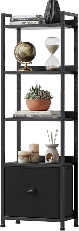 Bigleap 5-Tier Narrow Bookshelf with Fabric Drawer, Tall Slim Bookcase ...
