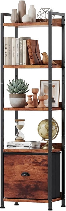 Bigleap 5-Tier Narrow Bookshelf with Fabric Drawer, Tall Slim Bookcase ...