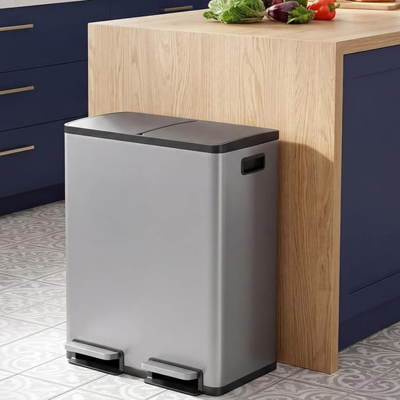Bigleap Dual Compartment Trash Can, 60L/16Gal Stainless Steel Kitchen ...