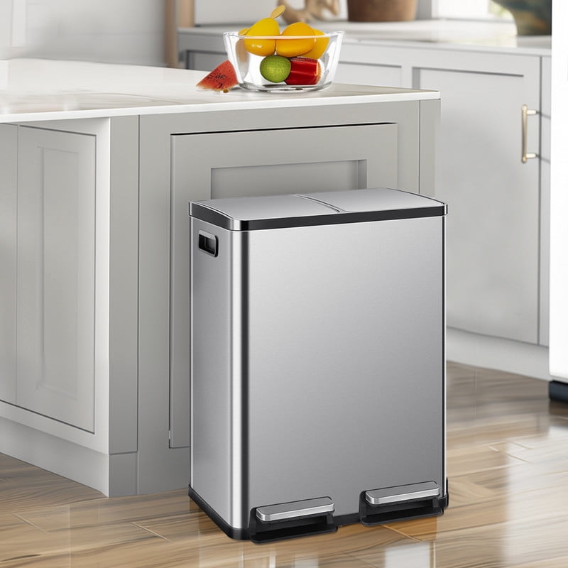 Bigleap Dual Compartment Trash Can, 60L/16Gal Stainless Steel Kitchen ...