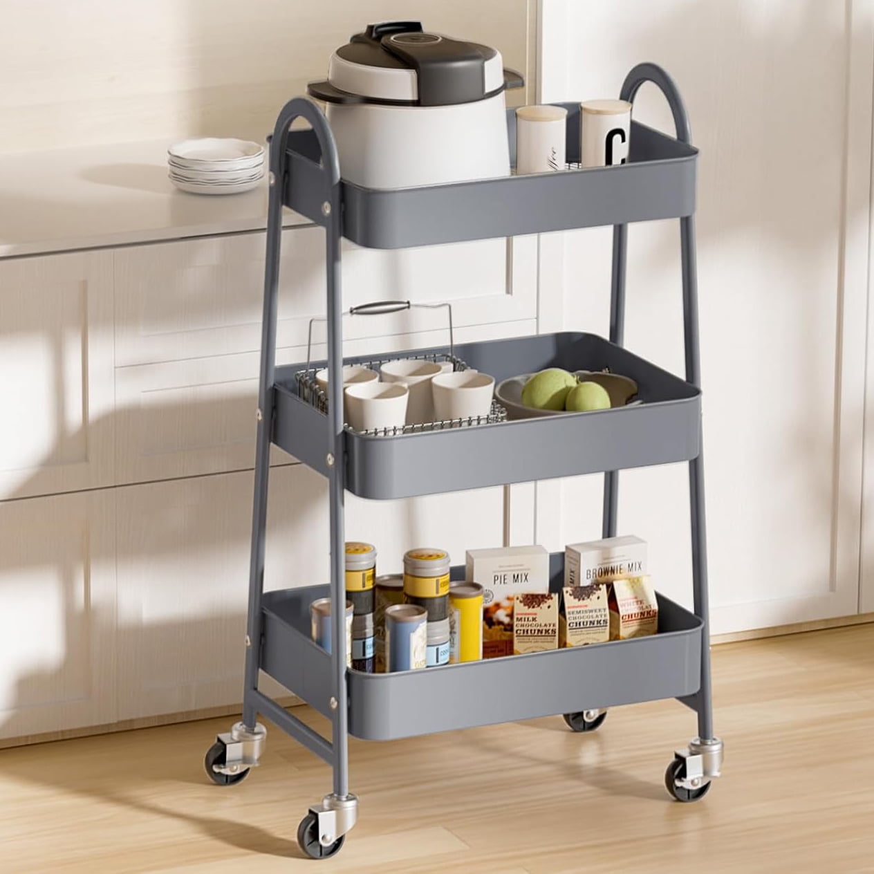 Bigleap Rolling Utility Cart, 3-Tier Metal Storage Trolley with Handle ...