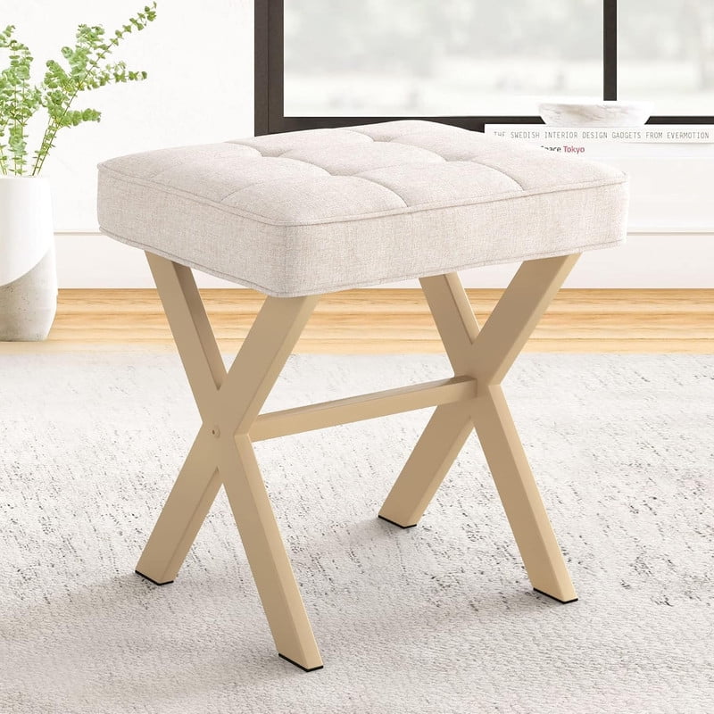 Bigleap Square Ottoman Stool - Beige Linen Footrest, Vanity Stool with ...