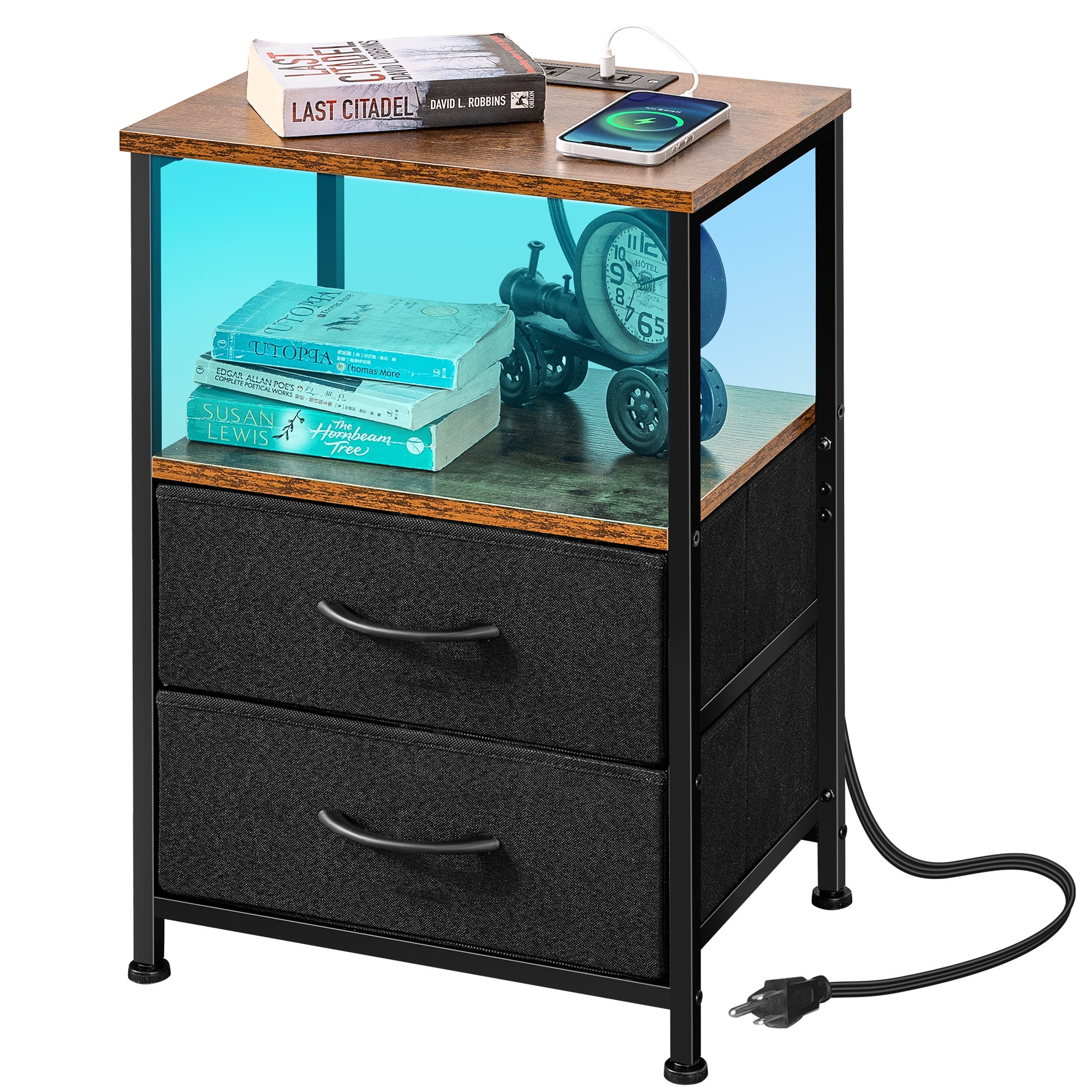 Bigroof Nightstand with Charging Station, Solid Nightstand, LED Night ...