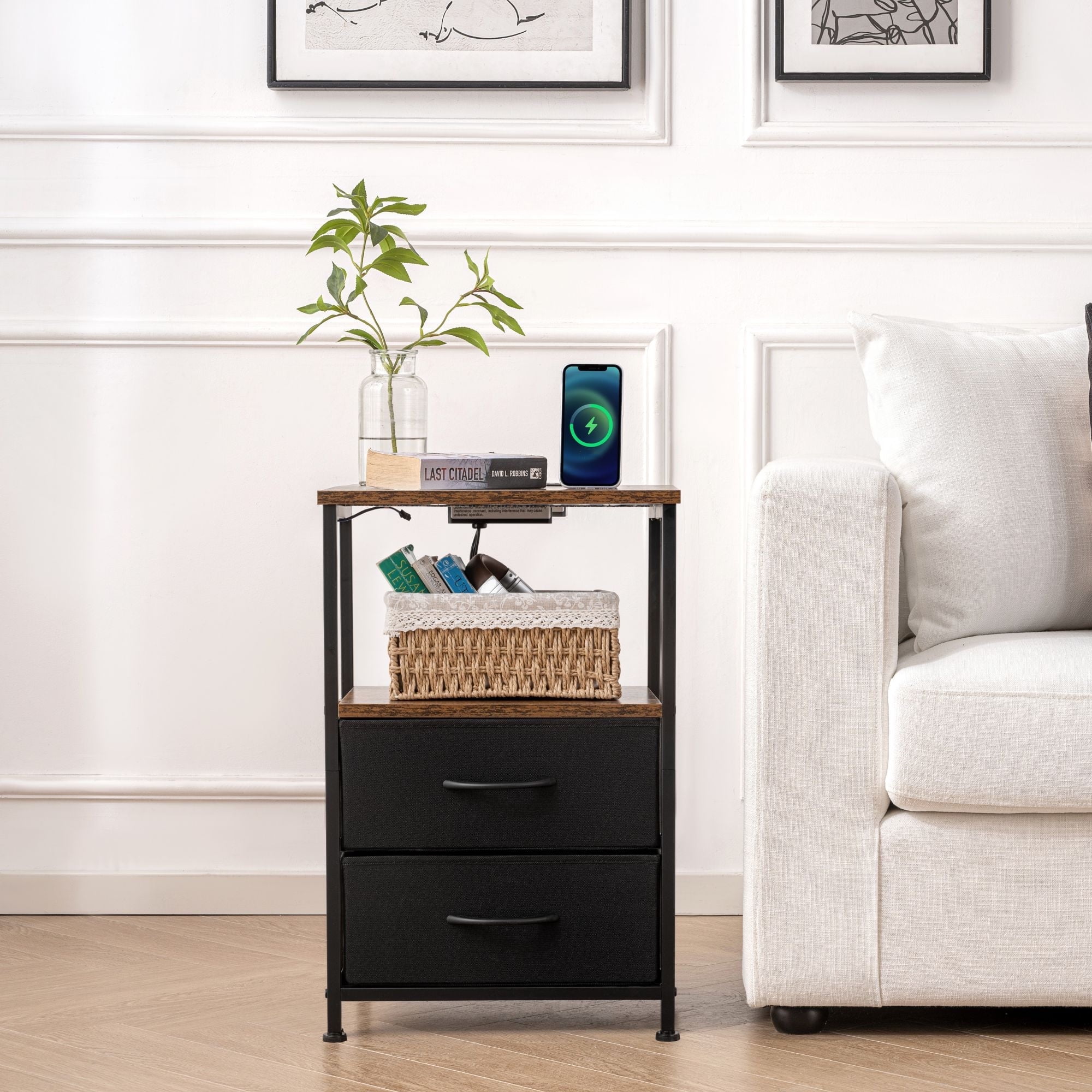 Bigroof Nightstand with Charging Station and LED Lights, Modern Night ...