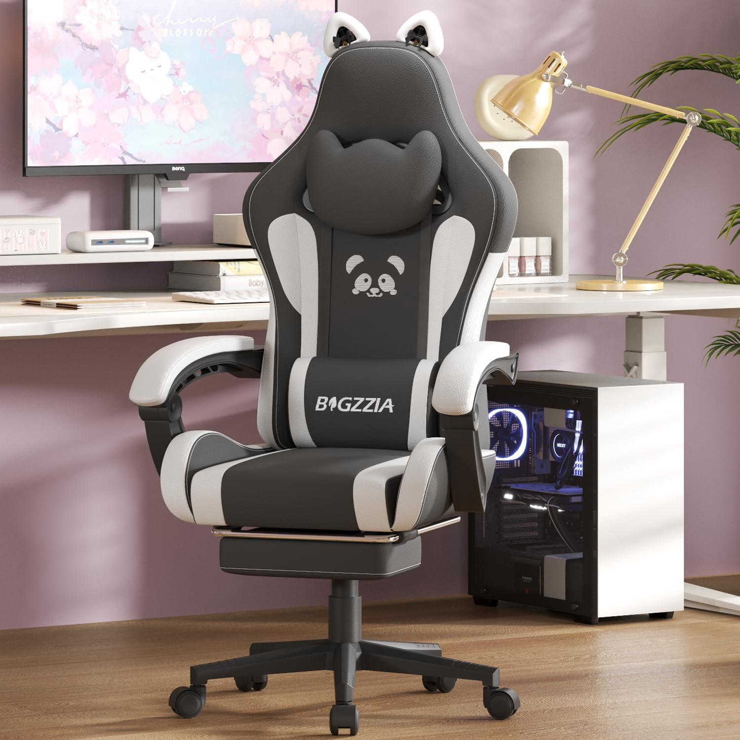 Bigzzia Gaming Chair Cute with Cat Ears and Footrest, Ergonomic ...