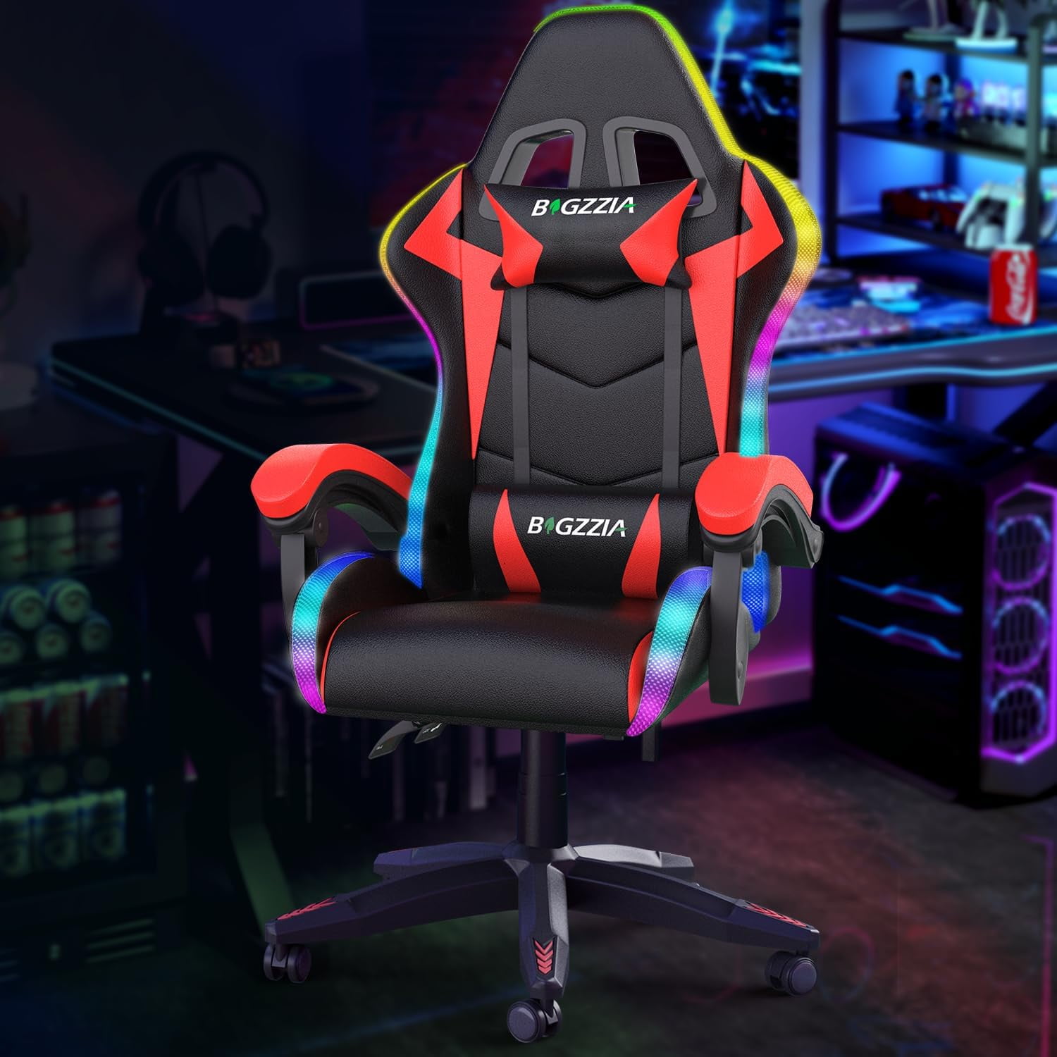 Bigzzia Gaming Chair with RGB LED Lights, High Back Ergonomic Computer ...