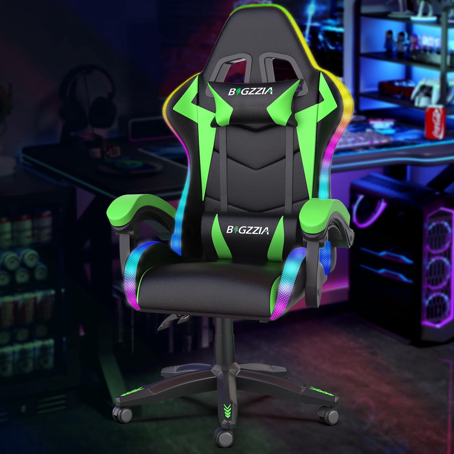 Bigzzia Gaming Chair with RGB LED Lights, High Back Ergonomic Computer ...