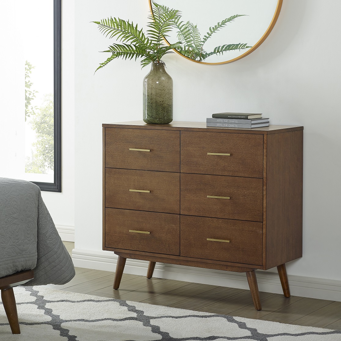 BikaHom Mia 6 Drawer Dresser in Walnut - Spacious Storage, Brass ...