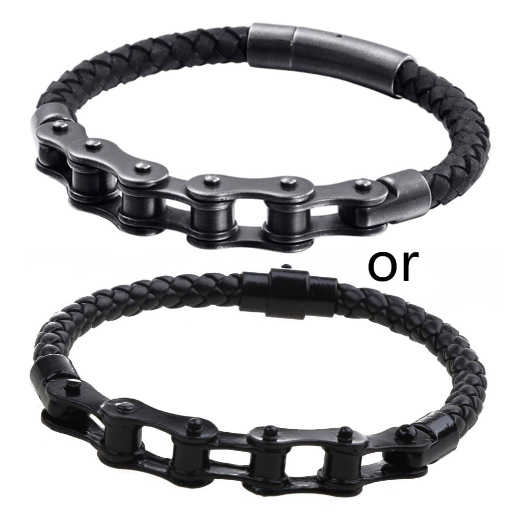Bike Chain Handwoven Leather Bracelet Punk Black Cuffs Bangle Bracelet ...