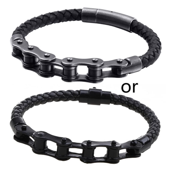 Bike Chain Handwoven Leather Bracelet Punk Black Cuffs Bangle Bracelet ...
