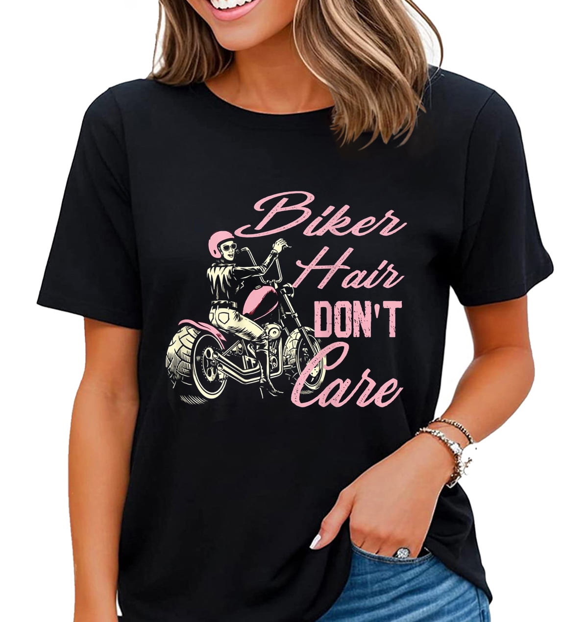 Bike Hair Don't Care Bike Lovers Women Motorcycle On Back T-Shirt ...
