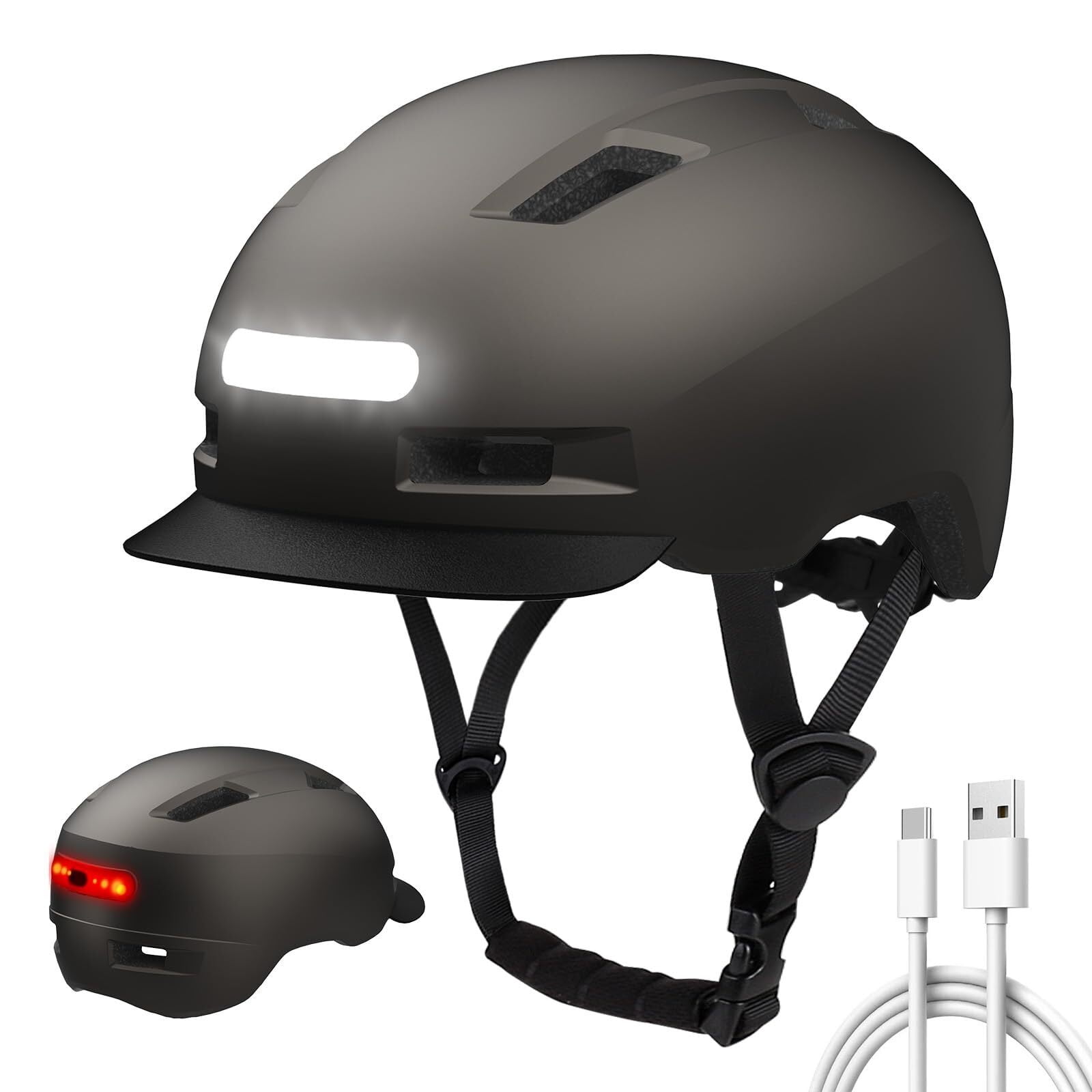 Bike Helmet, Adult Cycling Helmet with USB Rechargeable LED Front and ...