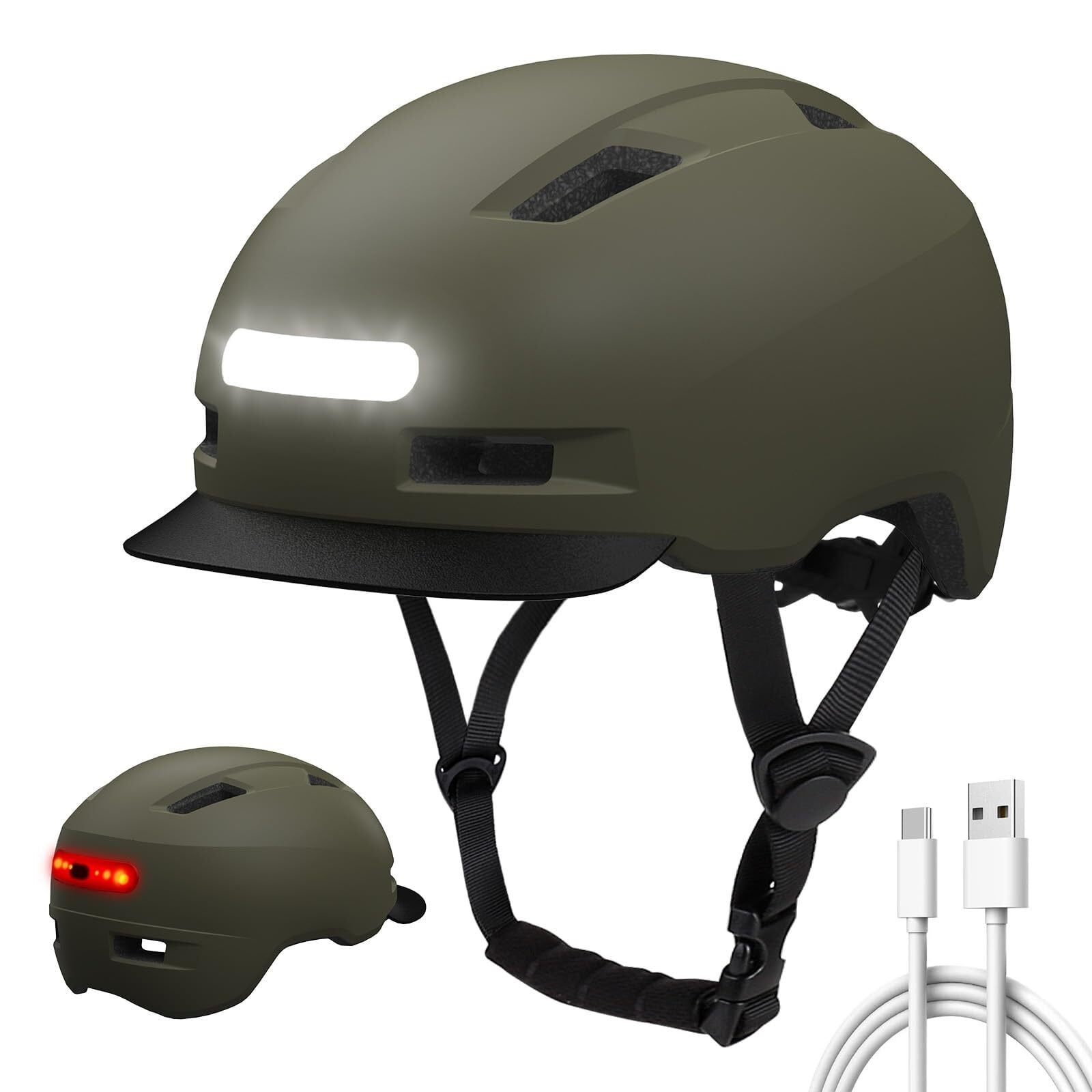 Bike Helmet, Adult Cycling Helmet with USB Rechargeable LED Front and ...