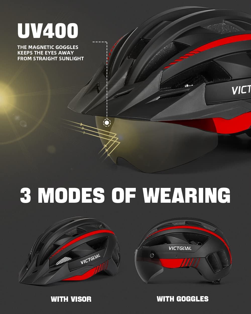 Bike Helmet for Men Women with Led Light Magnetic Goggles Visor and Helmet Rain Cover - Walmart.com