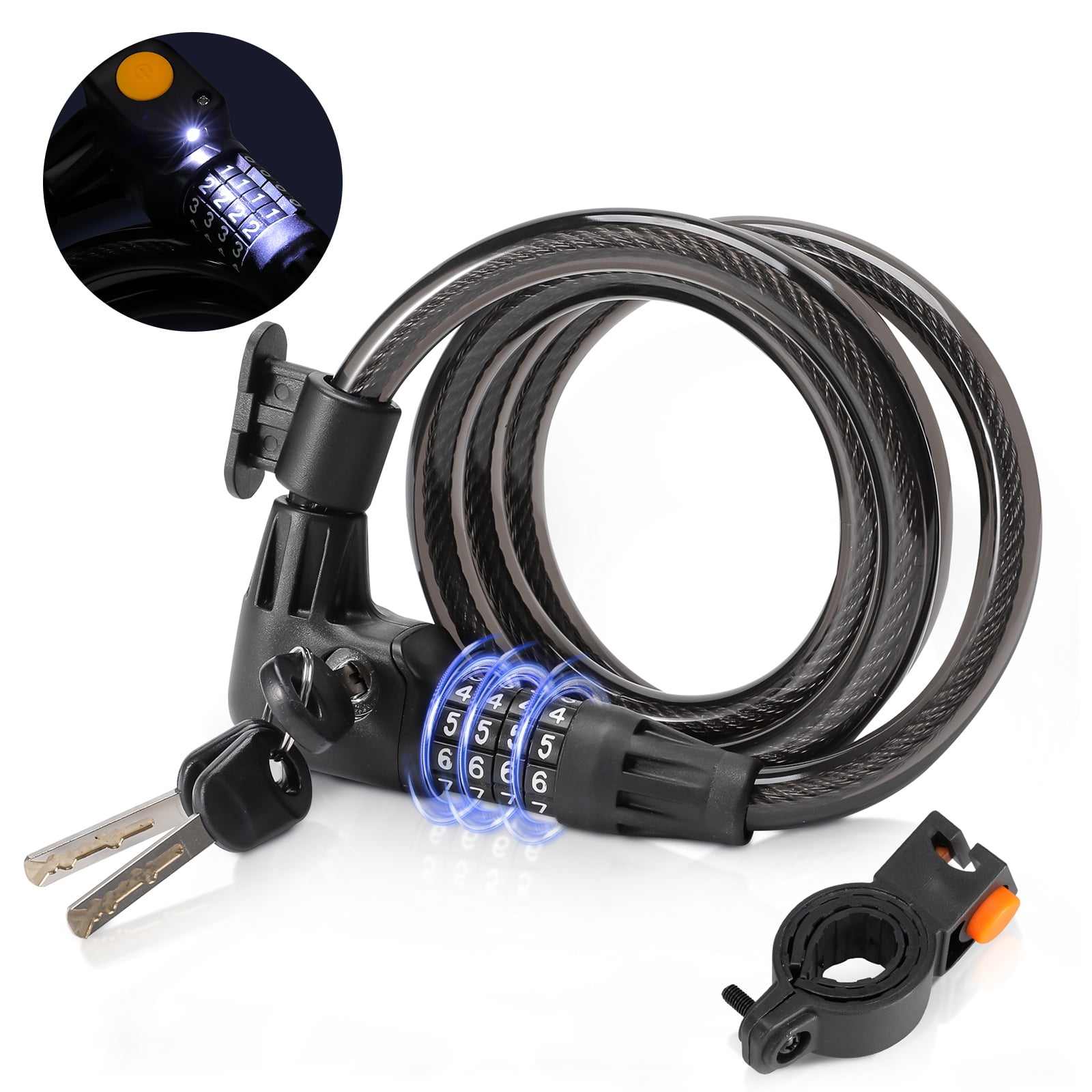Bike Lock, Bicycle Lock Cable with Combination & Key, LED Light, 4 Feet ...