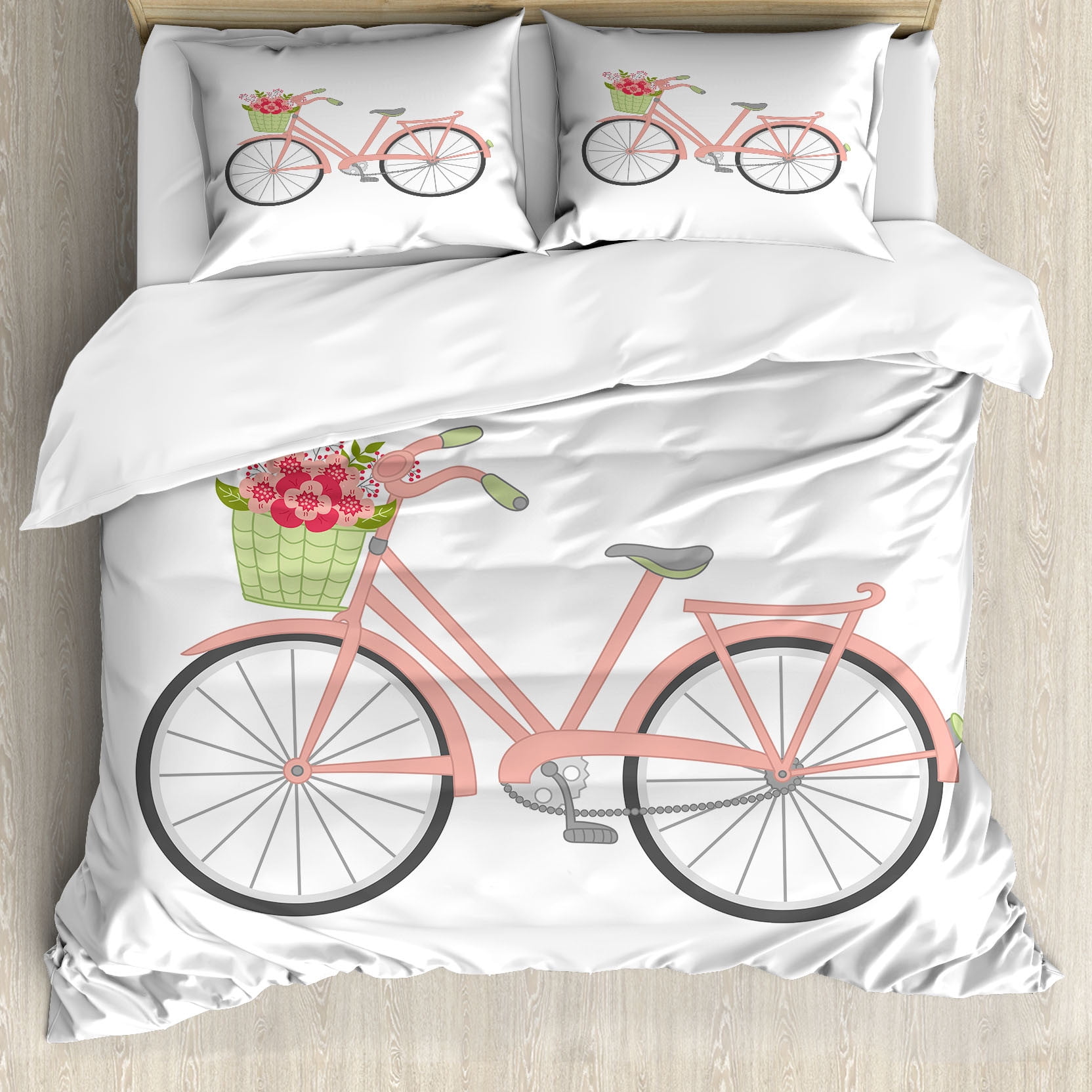 Bike Party Duvet Cover Set, Pastel Floral Ornamental Pink Bicycle ...