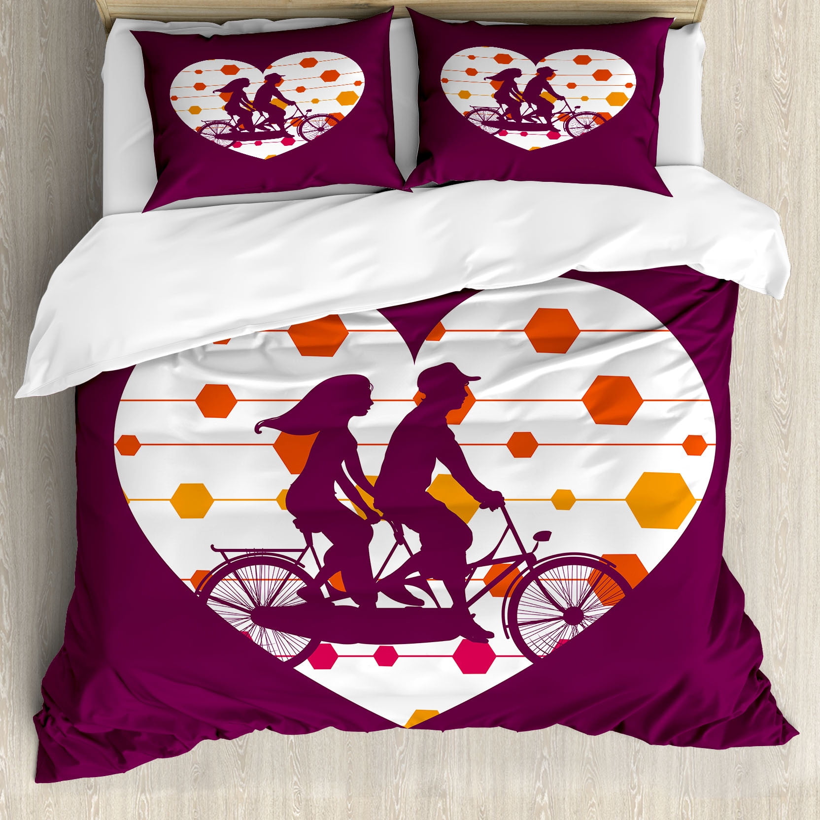 Bike Party Duvet Cover Set, Romantic Couple on Tandem Bicycle on Modern ...