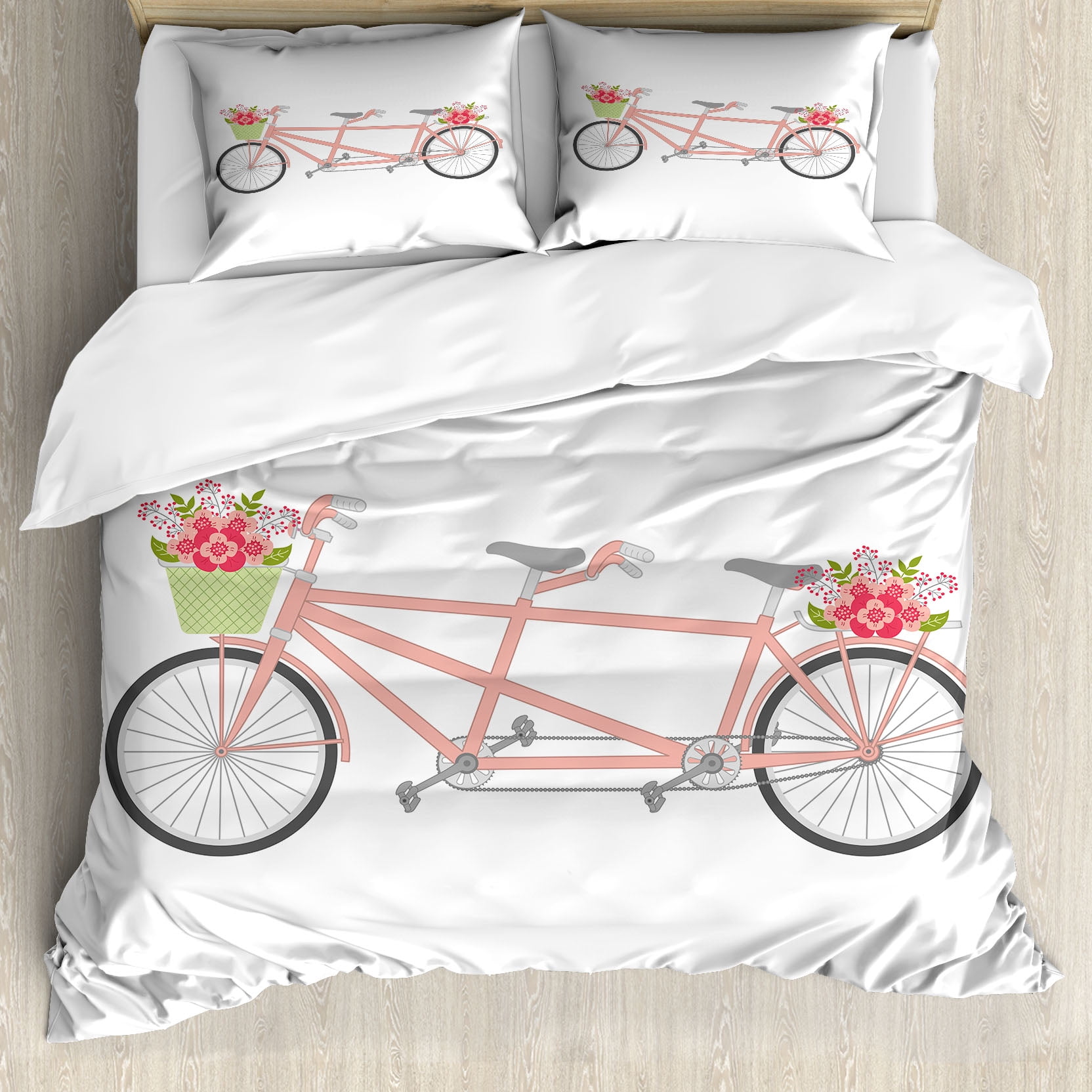 Bike Party Duvet Cover Sets, Retro Pink Floral Basket Ornamental Tandem ...