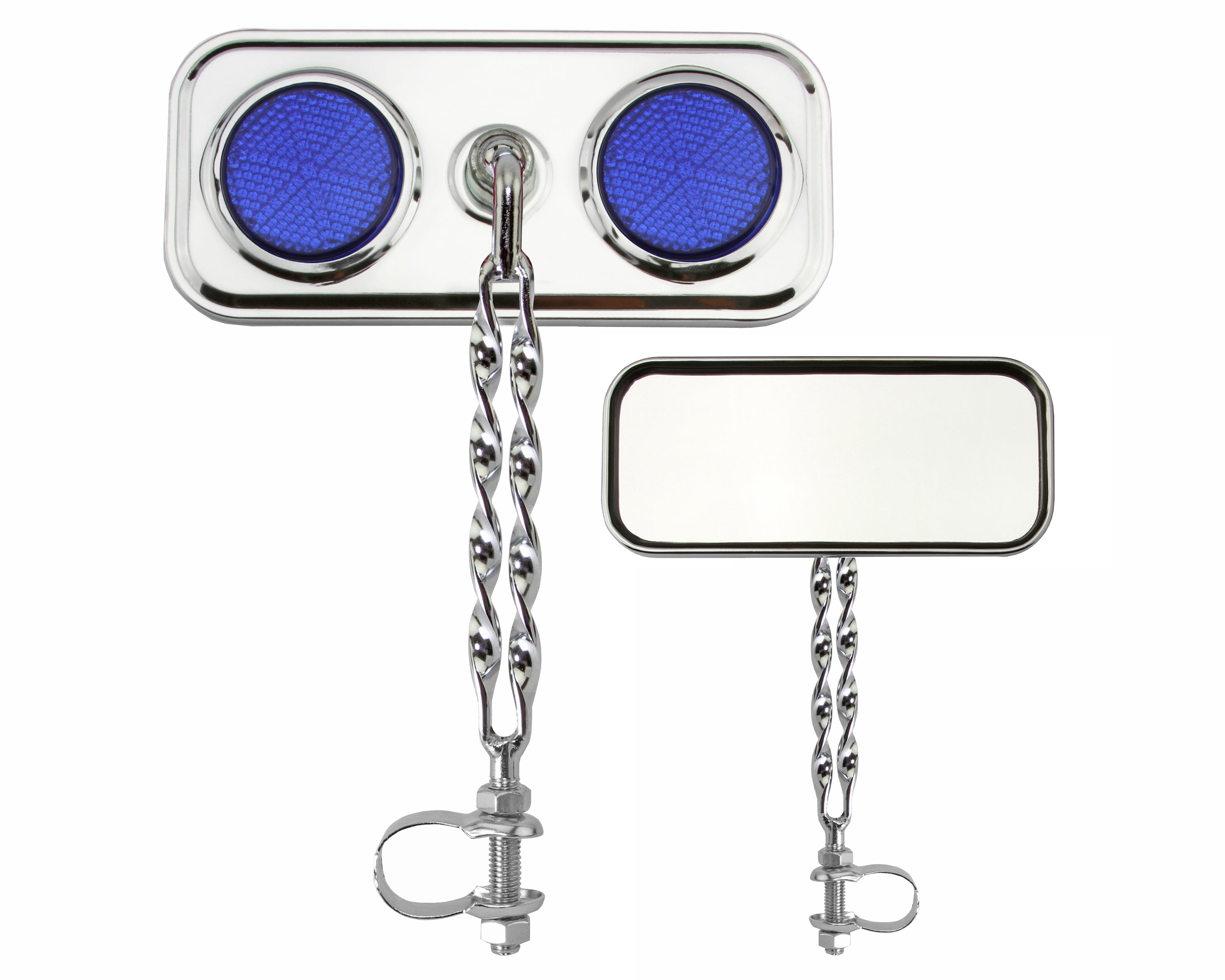 Bike Rectangle Double Flat Twisted Mirror Chrome Blue Reflectors ...