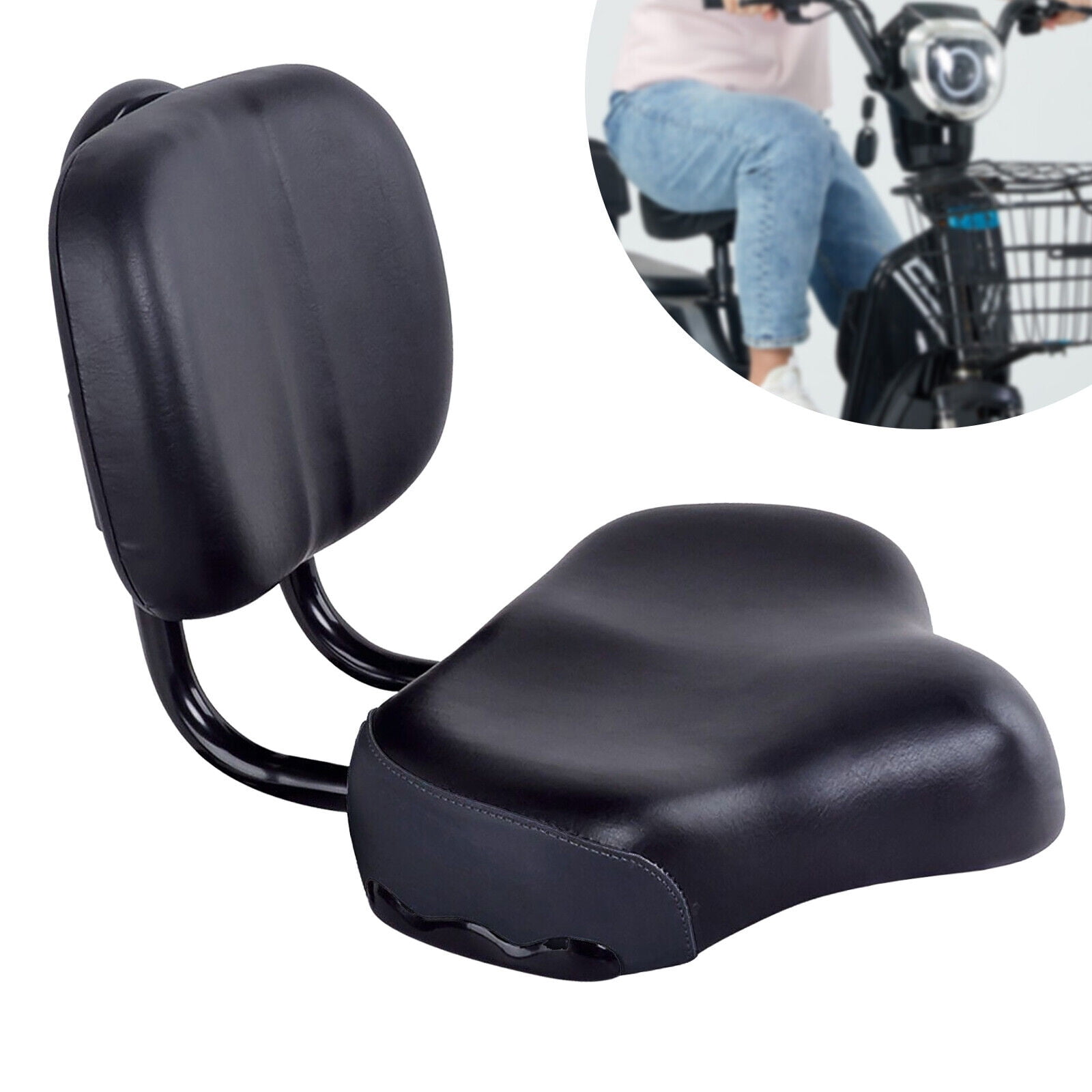 Bike Saddle Seat w/ Backrest Bicycle Extra Wide Comfort Leather Cushion ...