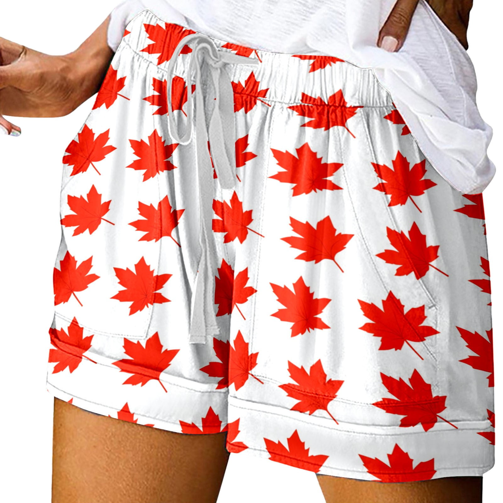Bike Shorts Women Canada Day Print Tie Waist Elastic Band Pocket Summer ...