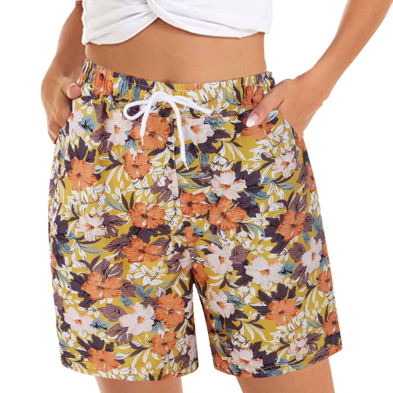 Bike Shorts Women Comfy Elastic Waist Floral Print 2 Pockets Bottoms ...