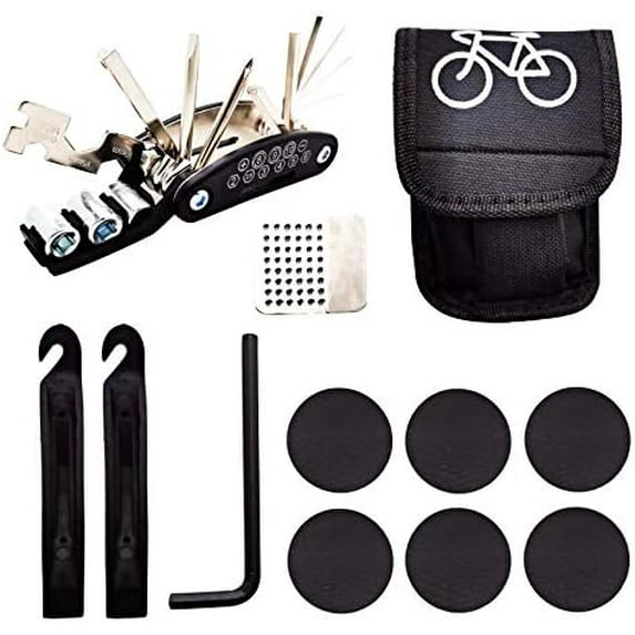 Bike Tyre Repair Set Bag Bicycle 16 in 1 Multi Function Tool Kit Hex Key Wrench Tire Patch Lever ...