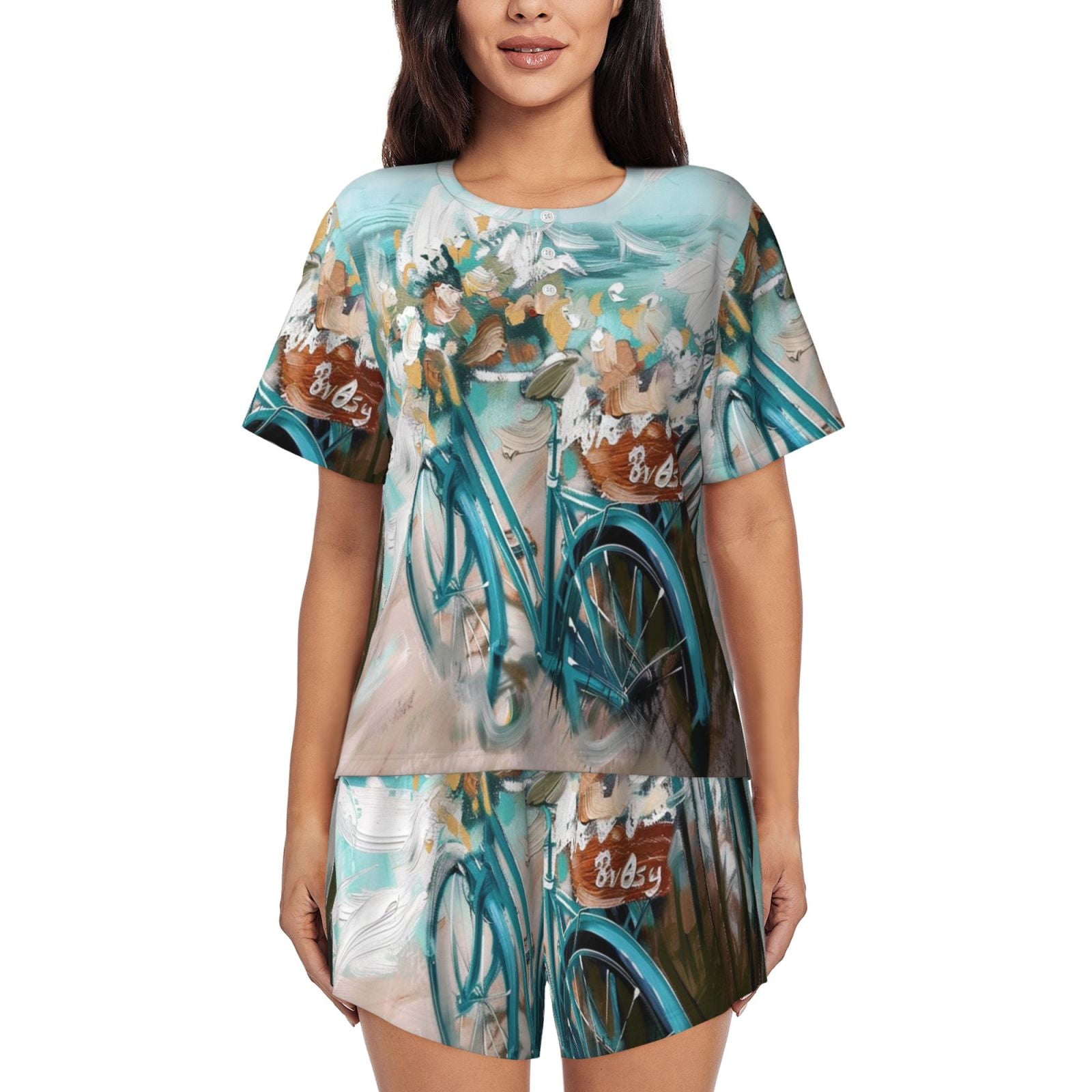 Bike Womens Pajamas Short Set Soft Short Sleeve Sleepwear Button Down ...