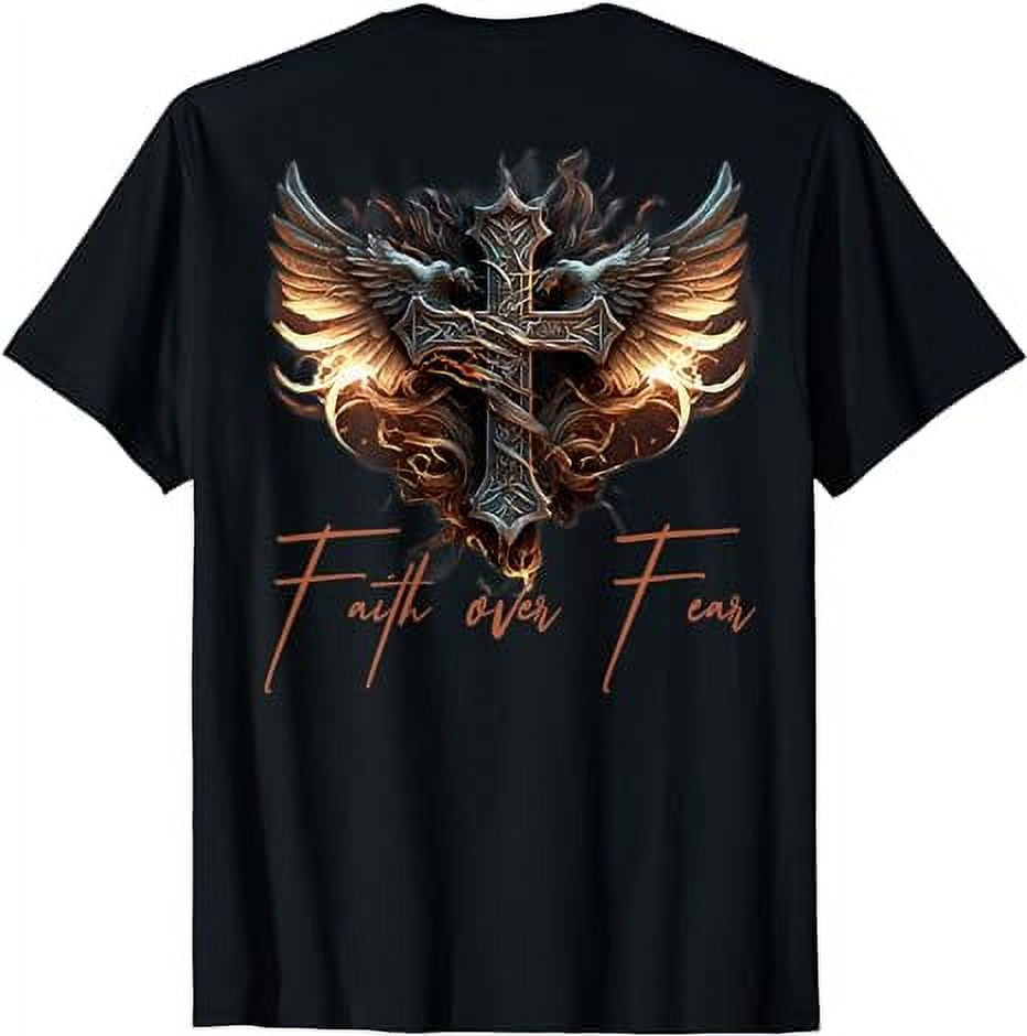 Biker Angel Wings Christian Cross Faith Over Fear - On Back T-Shirt ...