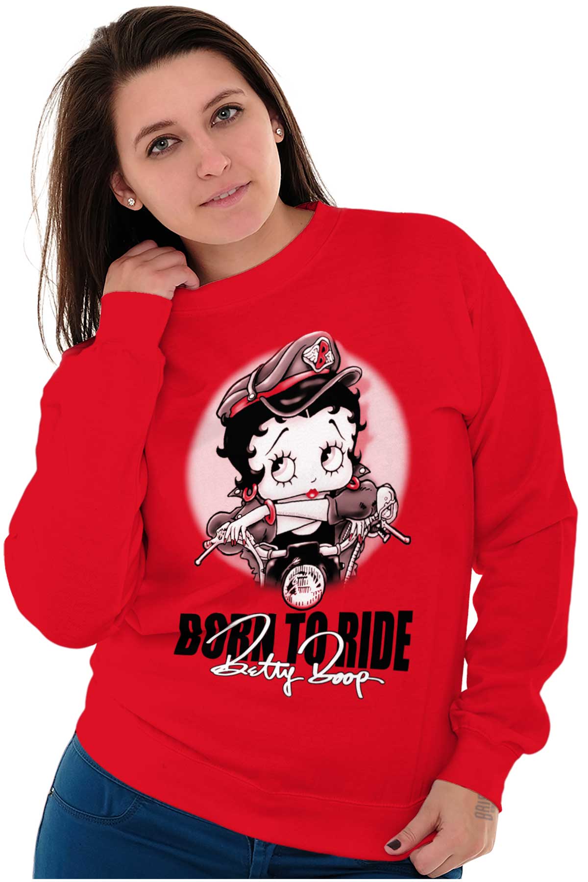 Biker Betty Boop Cartoon Born to Ride Women Crewneck Sweatshirt Brisco ...