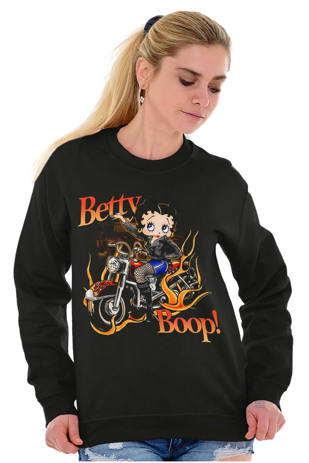 Biker Betty Boop Flaming Motorcycle Women Crewneck Sweatshirt Brisco ...