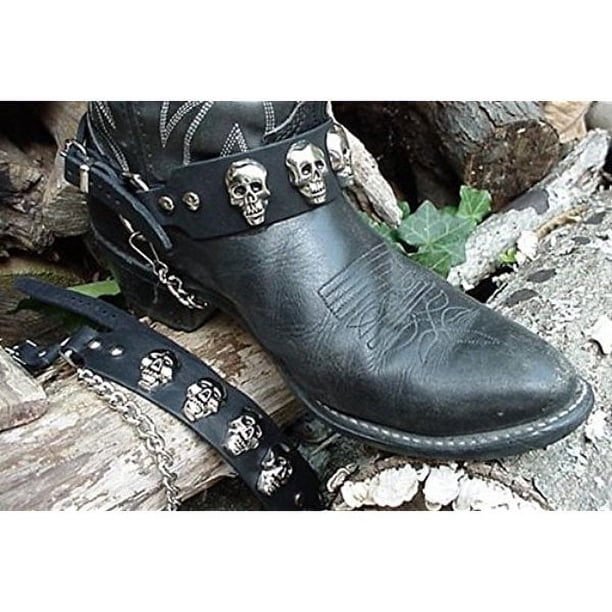 Biker Boots Boot Chains Black Topgrain Cowhide Leather with Cast Skulls ...