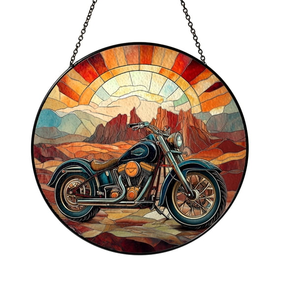 Biker Scene Glass Suncatcher for Window Decor, Open Road Light Catcher ...