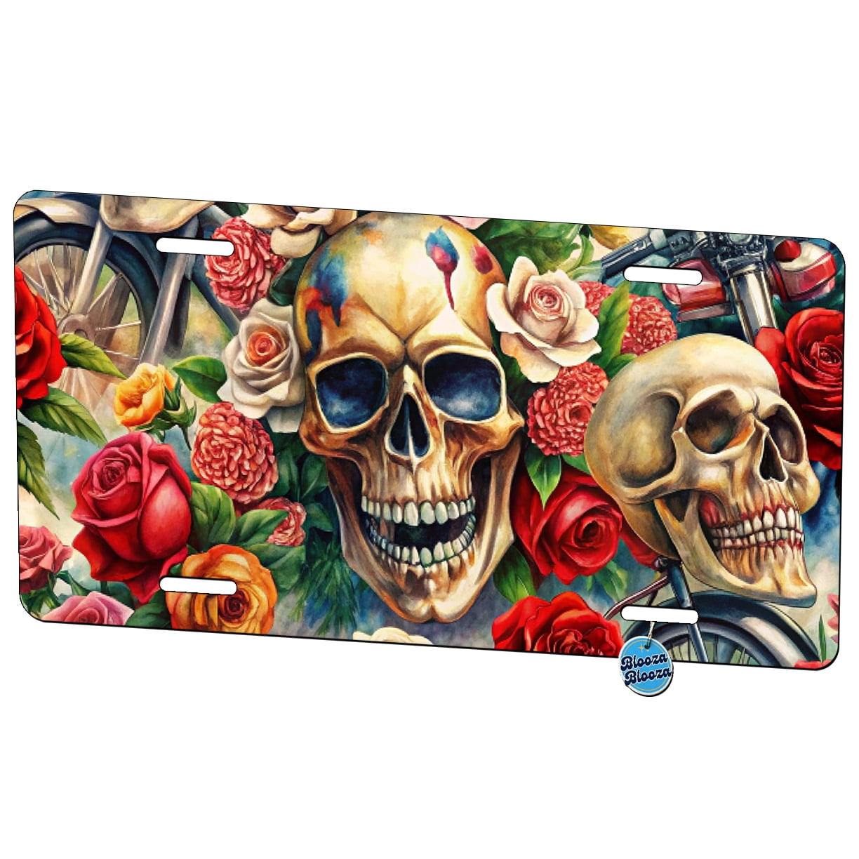 Biker Skulls And Roses Theme Watercolor Metal Novelty License Plate ...