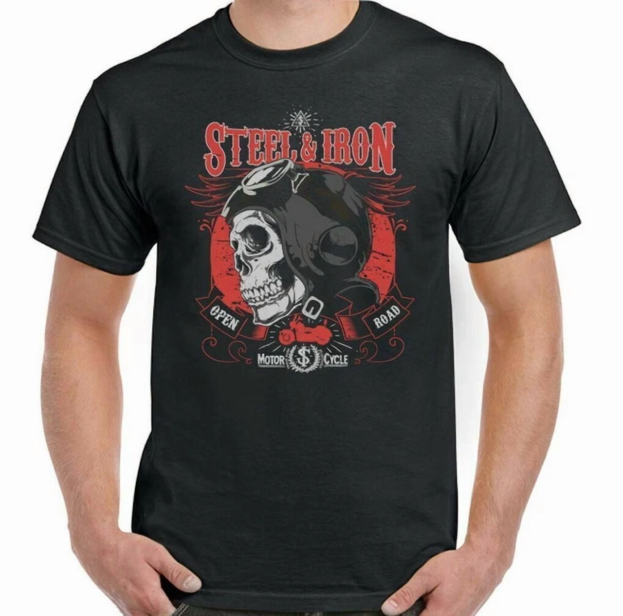 Biker T-Shirt Skull Motorcycle Steel & Iron Open Road Motorbike Bike ...