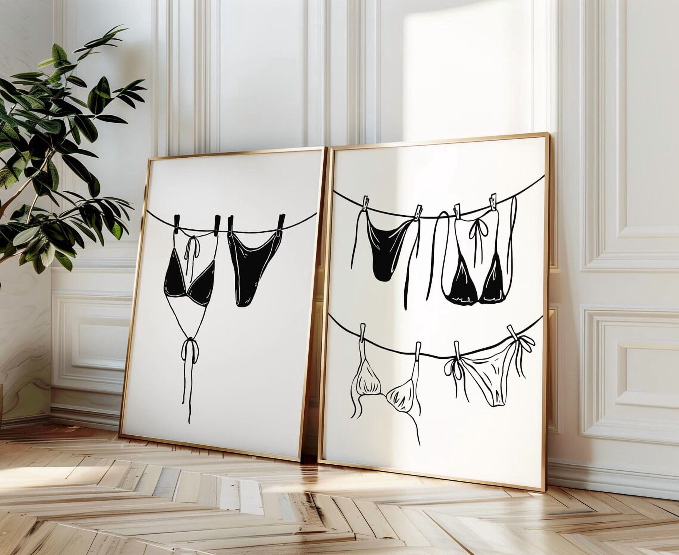 Bikini Black White Coastal Poster Summer Bikini On Clothesline Trendy ...