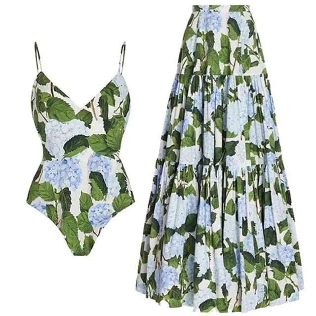 Bikini Bodysuit Swimwear Women With Skirt Bathing Suit Summer New Ruffle Splice Print Beachwear