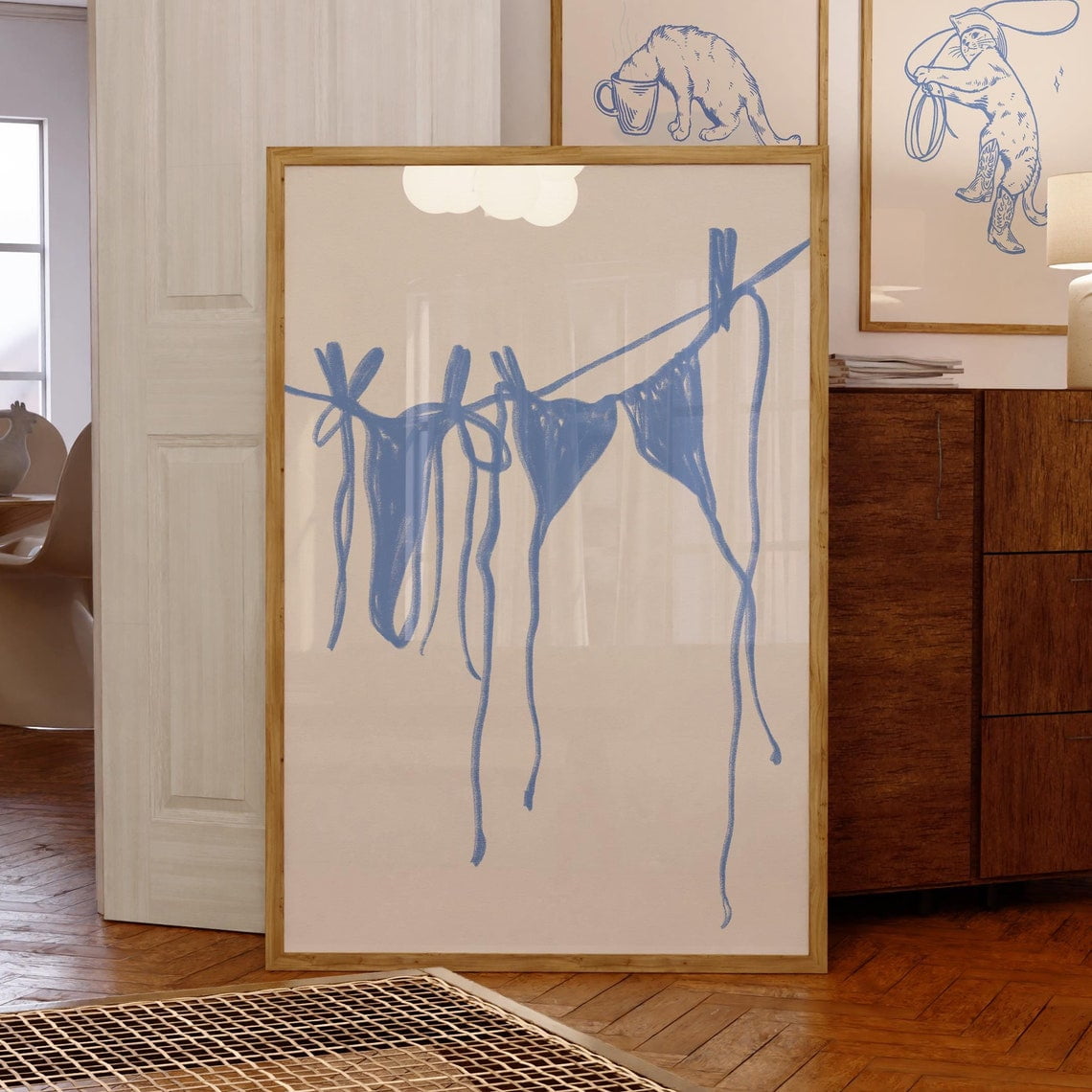 Bikini Hanging On Line Art Print Blue Wall Art Retro Print Trendy Art ...