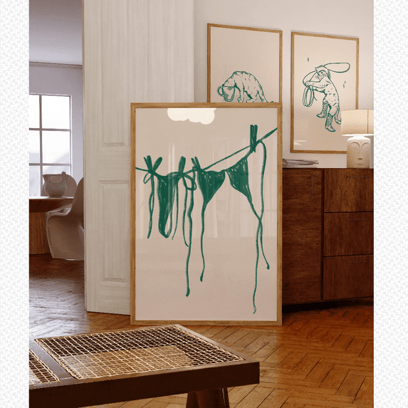 Bikini Hanging On Line Green Retro Summer Poster , Poster Print Only ...