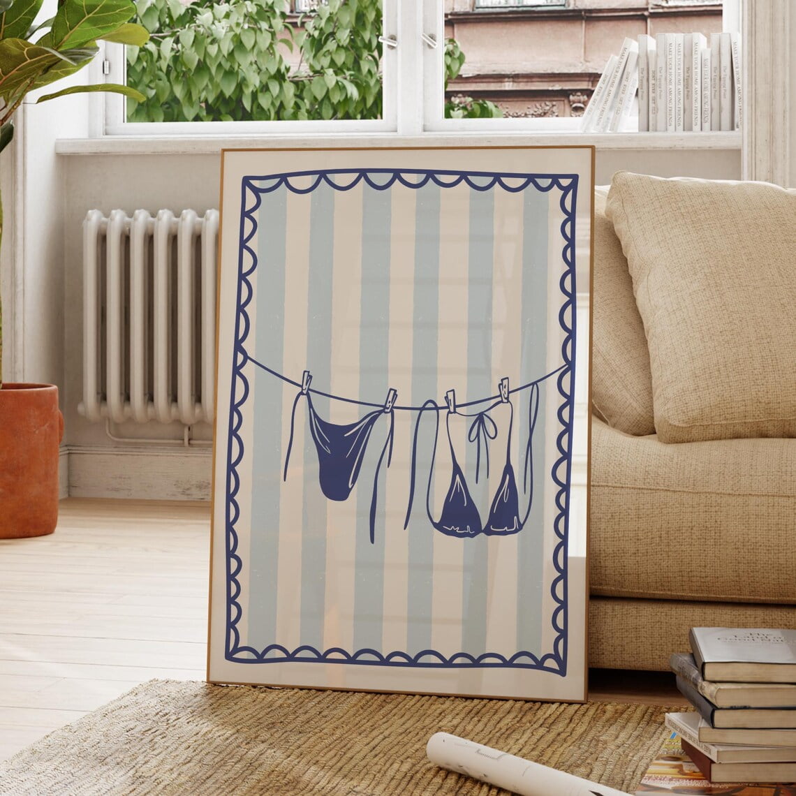 Bikini Print Poster Navy Blue On Line Striped Coquette Decor Beachy ...