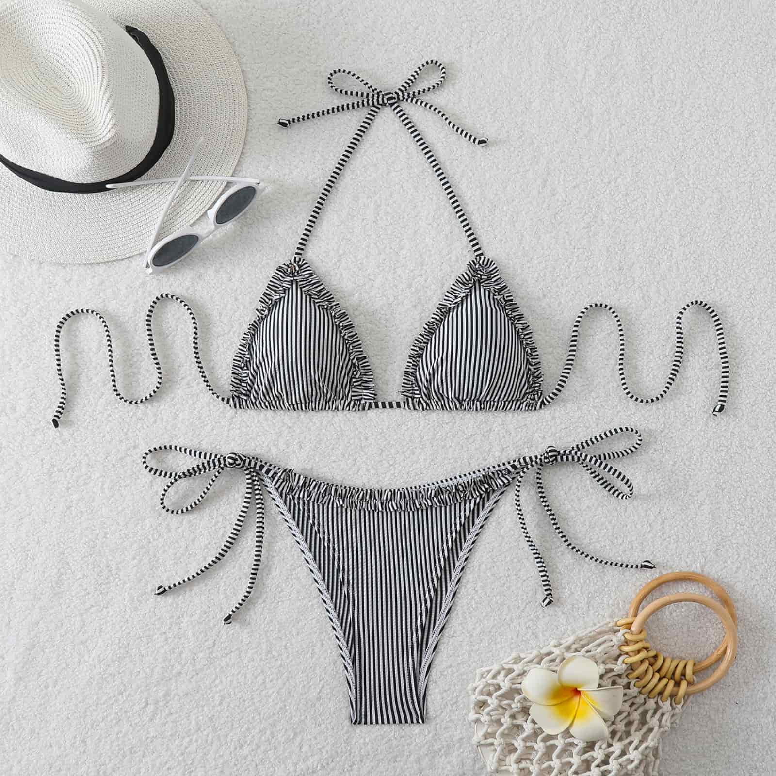Bikini Sets for Women 2 Piece Striped Ruffle Trim Halter String Cute ...