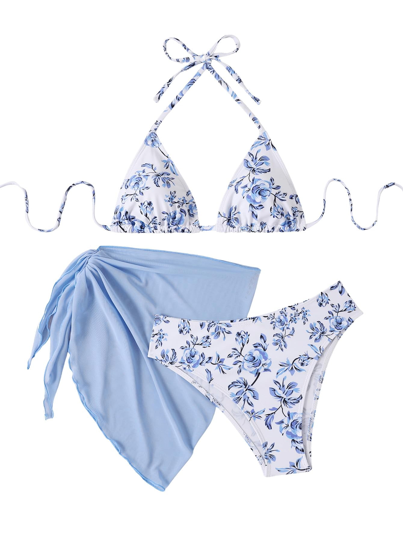 Bikini Sets for Women Floral Print Halter Triangle Bathing Suit 3 Piece ...