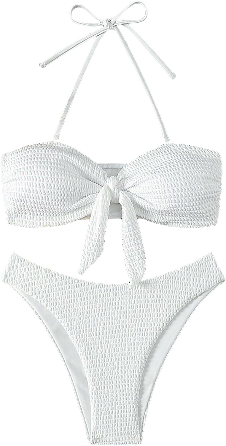 Bikini Sets for Women Knot Front Halter Tie Back Bathing Suits Two ...