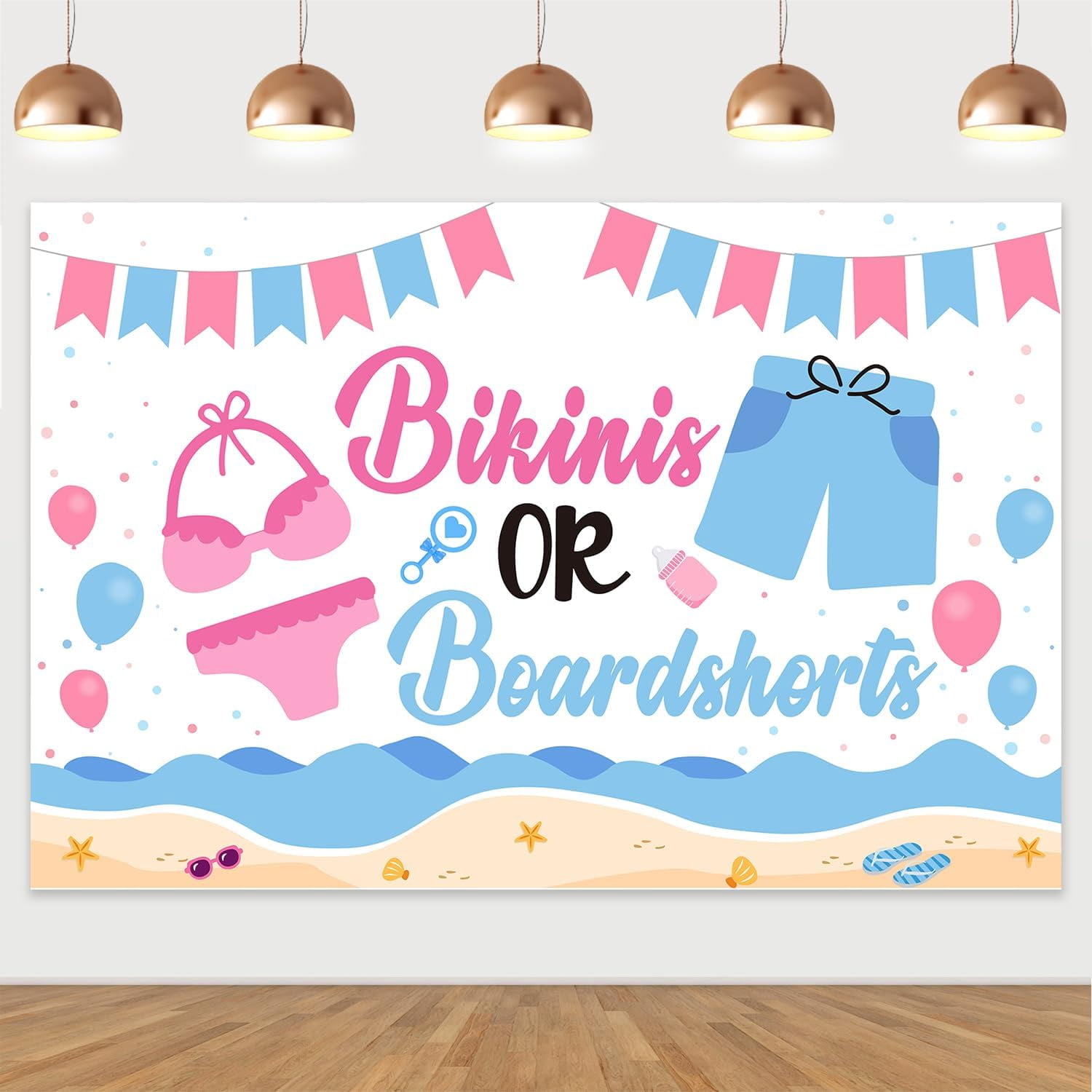 Bikinis or Boardshorts Gender Reveal Backdrop Blue Pink Beach Gender ...
