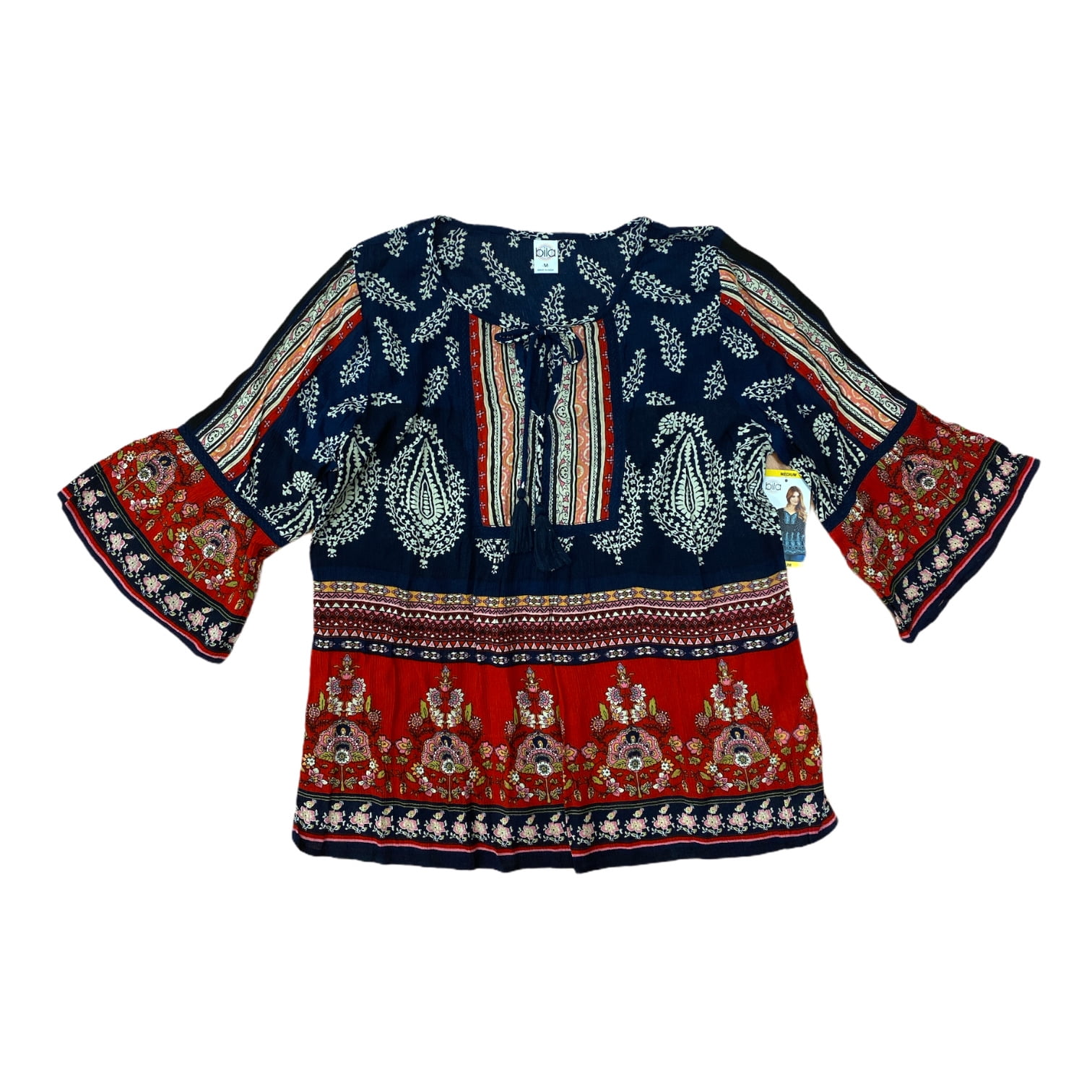 Bila Women's Paisley Print Bell Sleeve Blouse Peasant Top (Red, XXL ...