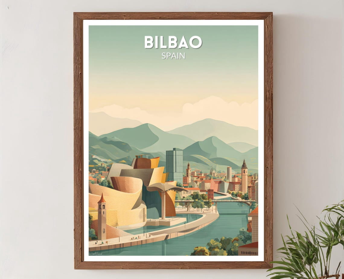 Bilbao Spain Retro Travel Mid Century Modern Vintage Cityscape Wall Art ...