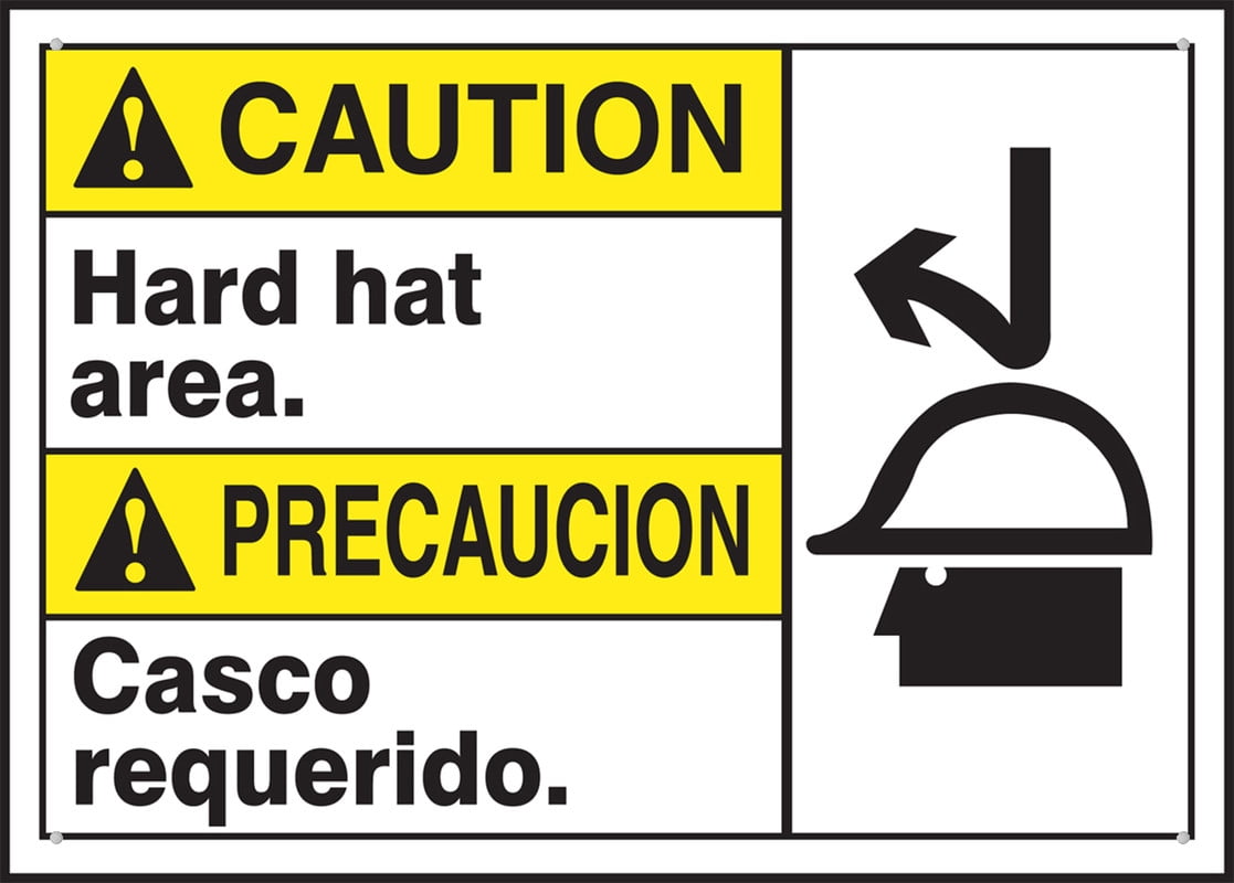 Bilingual Caution Visual Alert Safety Sign Hard Hat Area Outdoor Signs ...